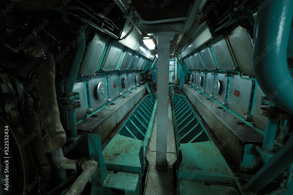 Cruise ship engine room interior with water tight doors electrical and ...