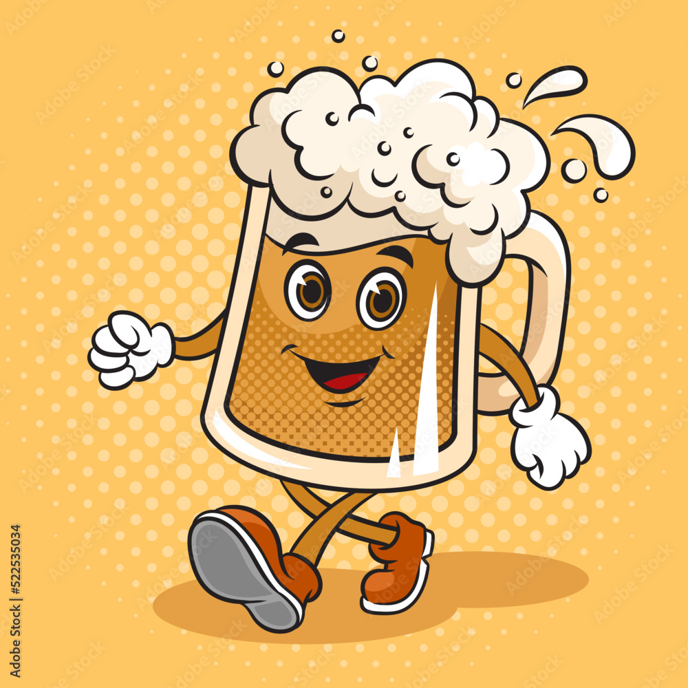 Walking cartoon glass of beer pop art retro vector illustration. Comic ...