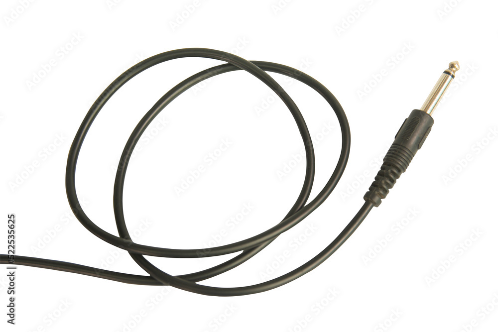 Guitar audio jack with black cable isolated on white background with ...