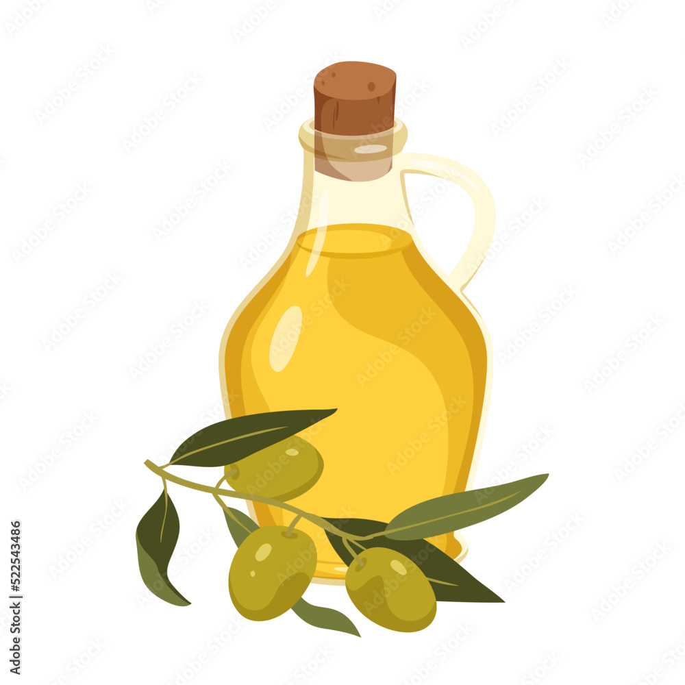 Olive oil in bottle and branch with fruit and green leaves vector ...