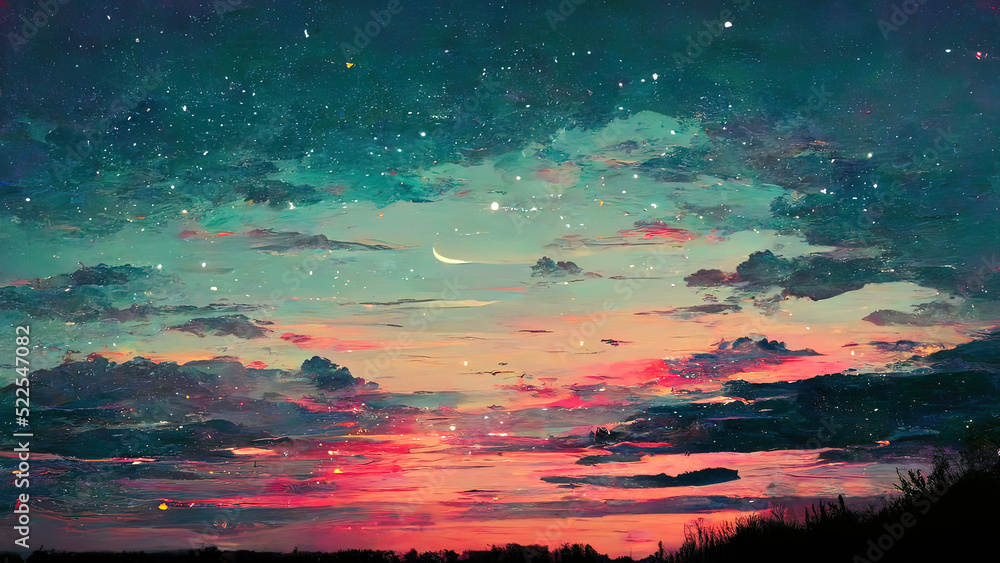 Red sunset landscape, anime, manga, digital art drawing. Romantic ...