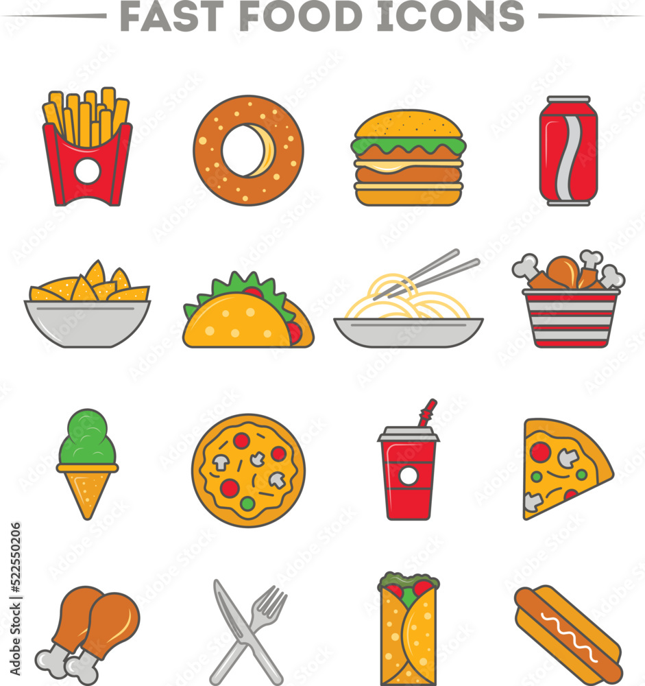 Fast food icon set isolated vector illustration. Pizza, taco, burger ...