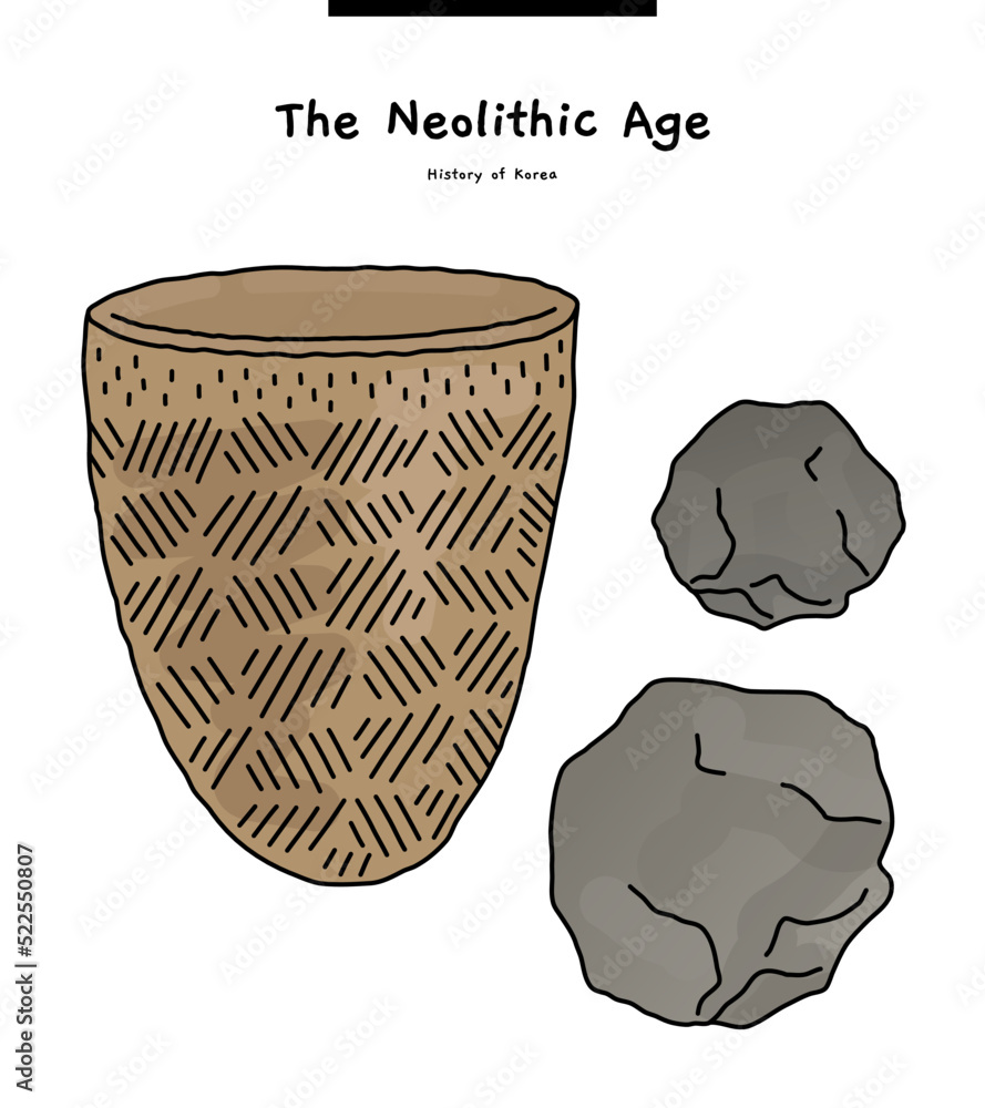 This sketch depicts prehistoric artifacts such as earthenware, hunting ...
