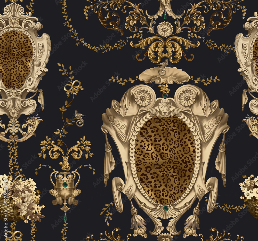 gold baroque frame,gold baroque embroidered motifs,chain,belt.leopard ...