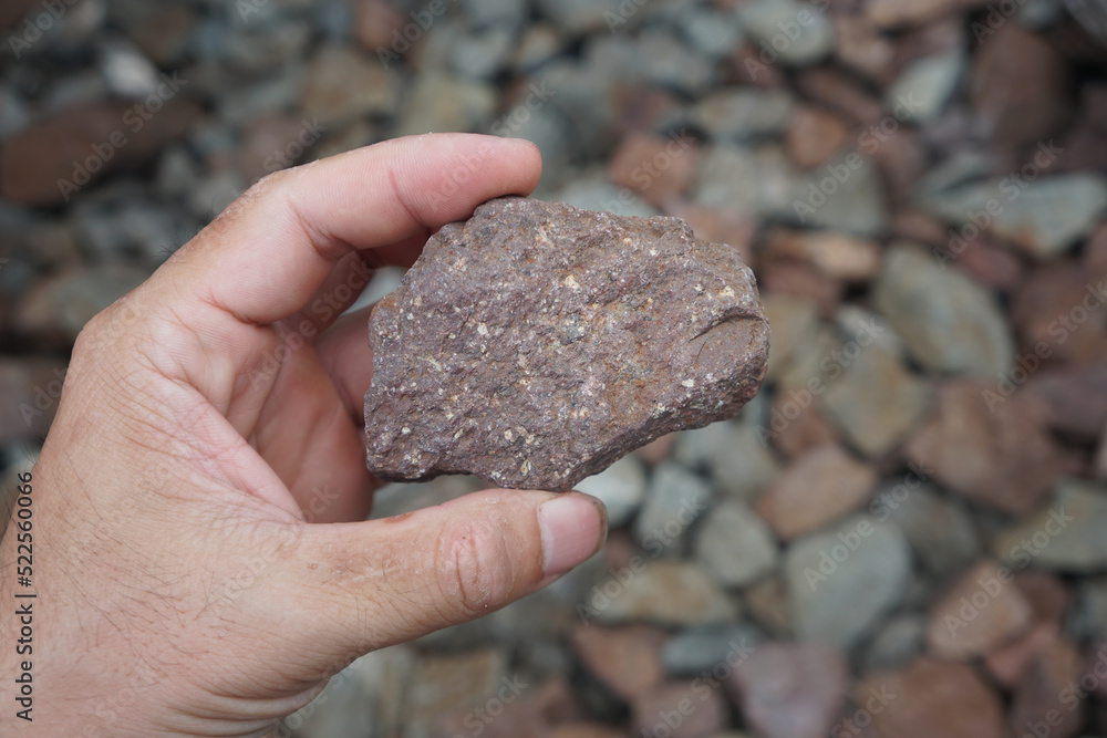 Geologist's hand is holding a sample of rhyolite that shows a pinkish ... Geologist's hand is holding a sample of rhyolite that shows a pinkish ...
