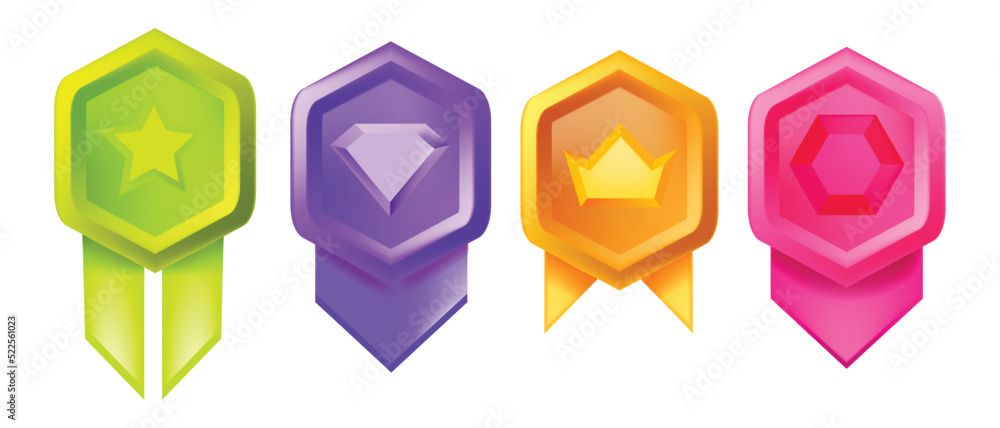 Game badge 3D icon set, level up medal award rating button certificate ...