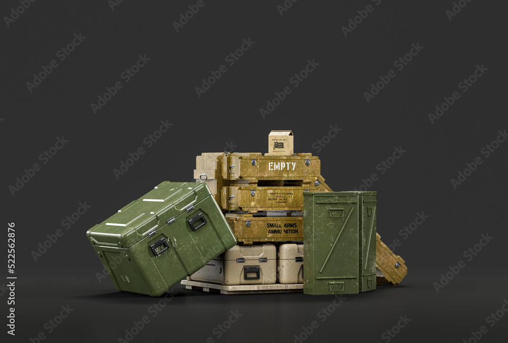 Military arsenal pile with cargo containers and ammunition boxes, 3d ...