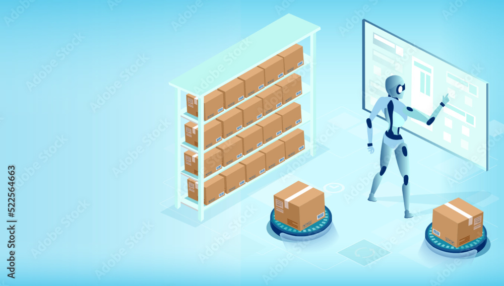 vector, automated warehouse, logistics center with AI and robot ...