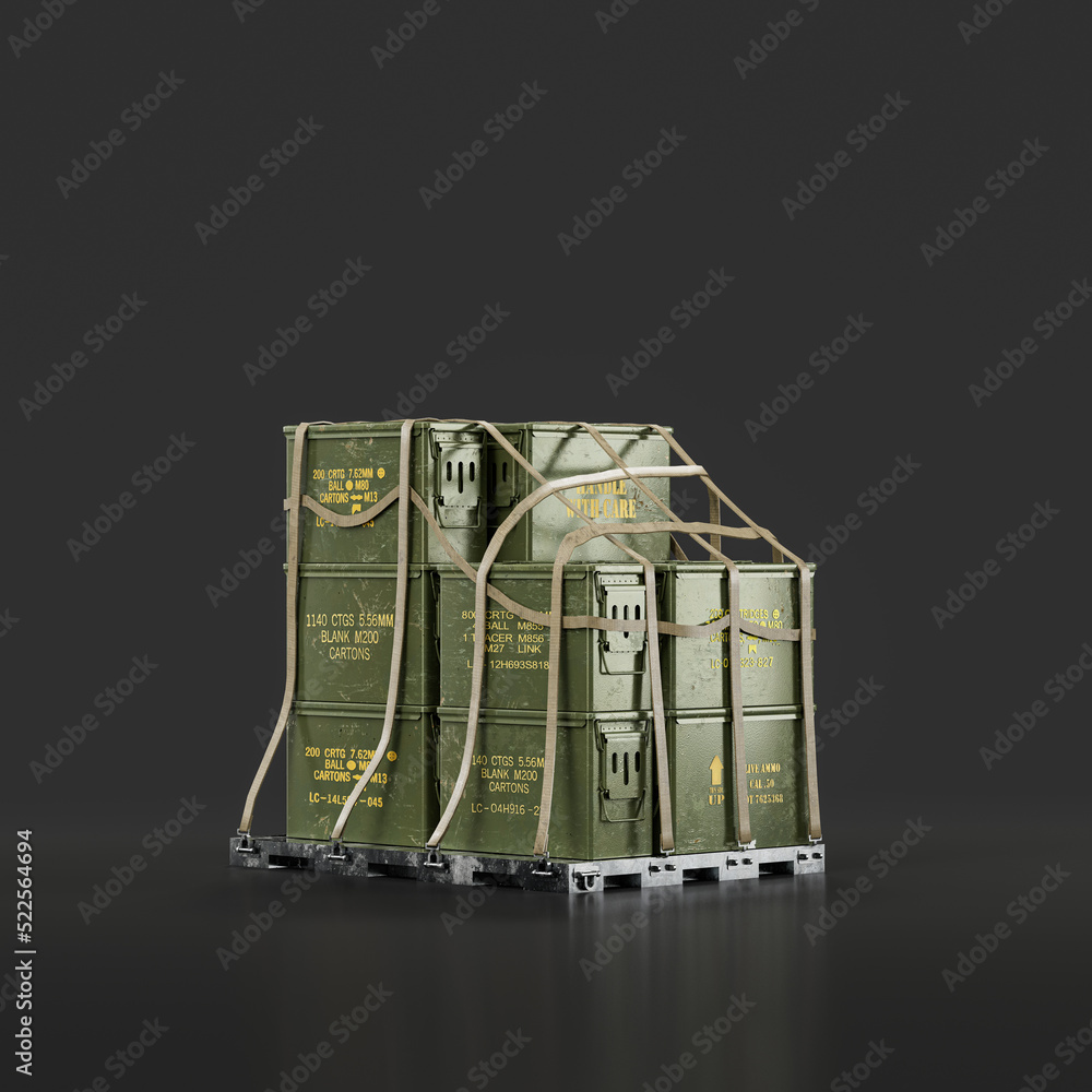 Military air cargo pile with cargo containers and ammunition boxes, 3d ...