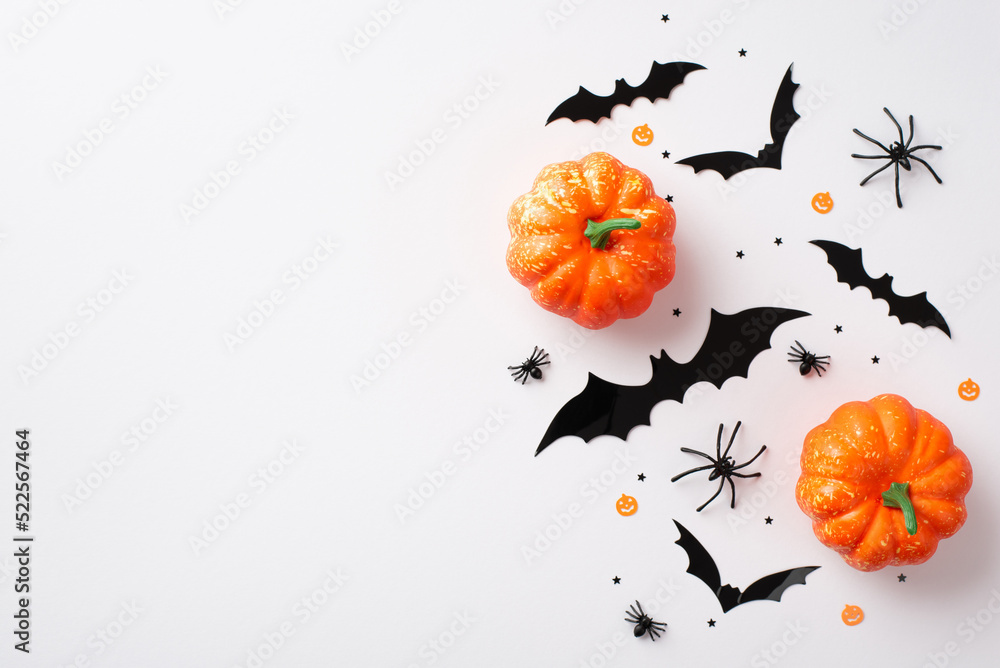 Halloween concept. Top view photo of pumpkins bat silhouettes spiders ...