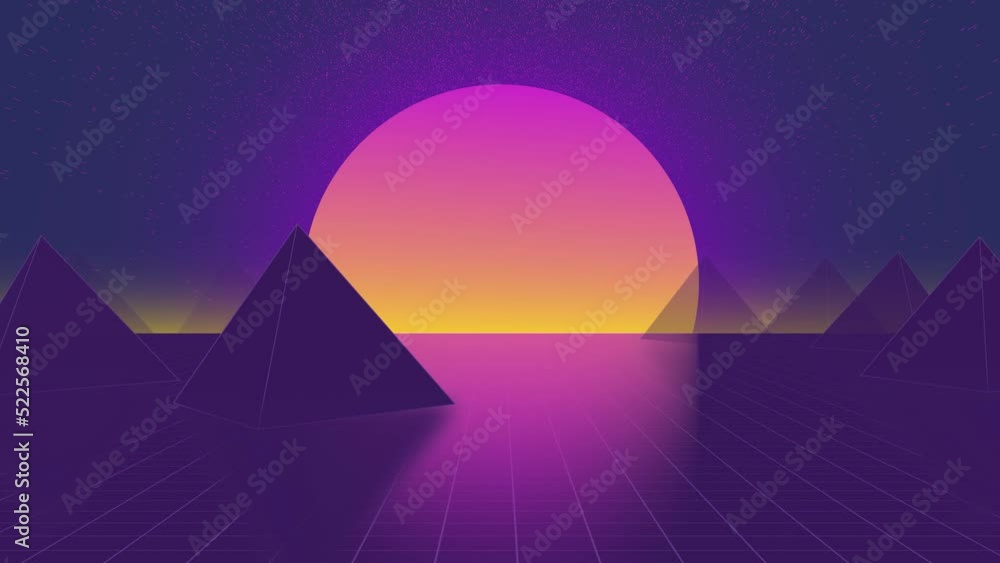 Background with pyramids, retrowave motion design backdrop. Purple ...