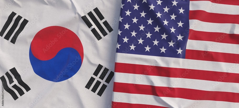 Flags of South Korea and USA. Linen flag close-up. Flag made of canvas ...