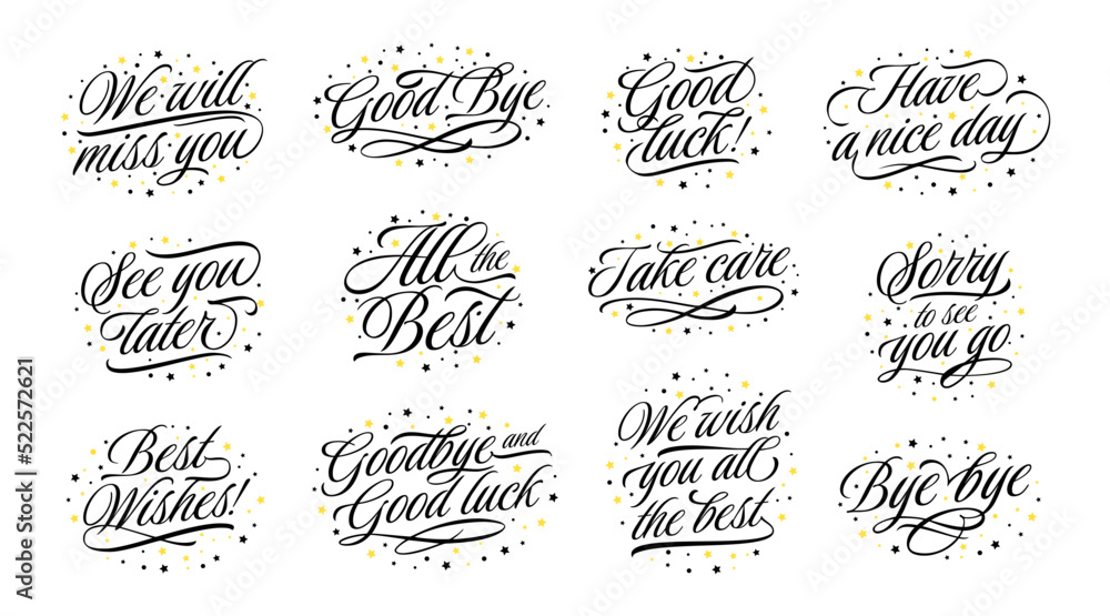 Handwritten farewells. Goodbye message lettering, good luck tag and all ...