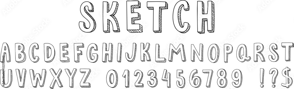 Hand drawn sketch font. Alphabet for doodle lettering, stylised numbers ...