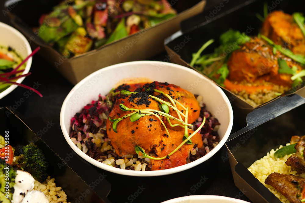 Ready healthy food menu in lunch boxes with fish, meat and vegetable ...
