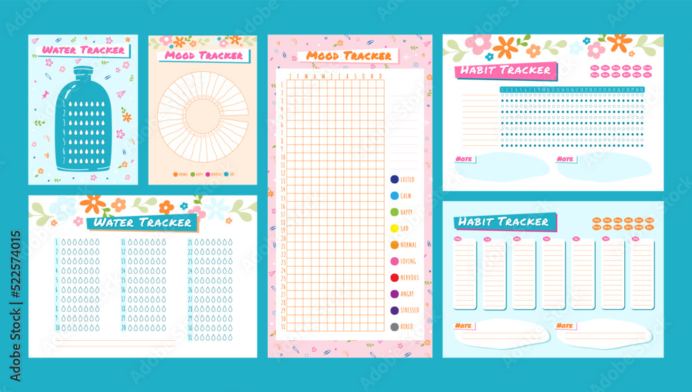 Cute tracker. Water hydrate journal, mood notes and habits trackers ...