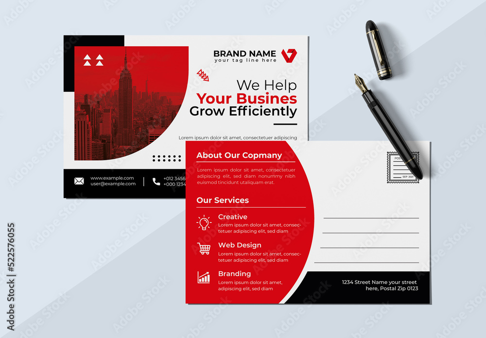 Postcard Layout with Red Color Accents Stock Template | Adobe Stock