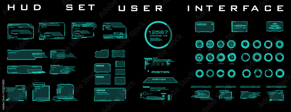 Set HUD user interface elements. Futuristic interface with frames ...