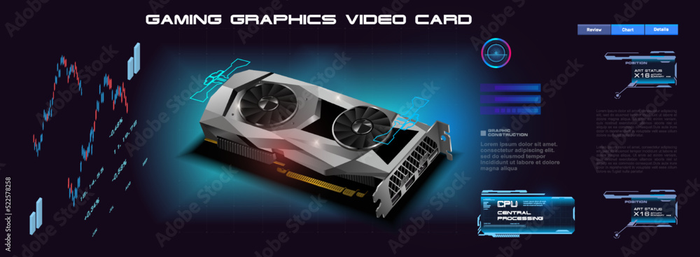 Realistic graphics card for computer. Concept banner with a powerful ...