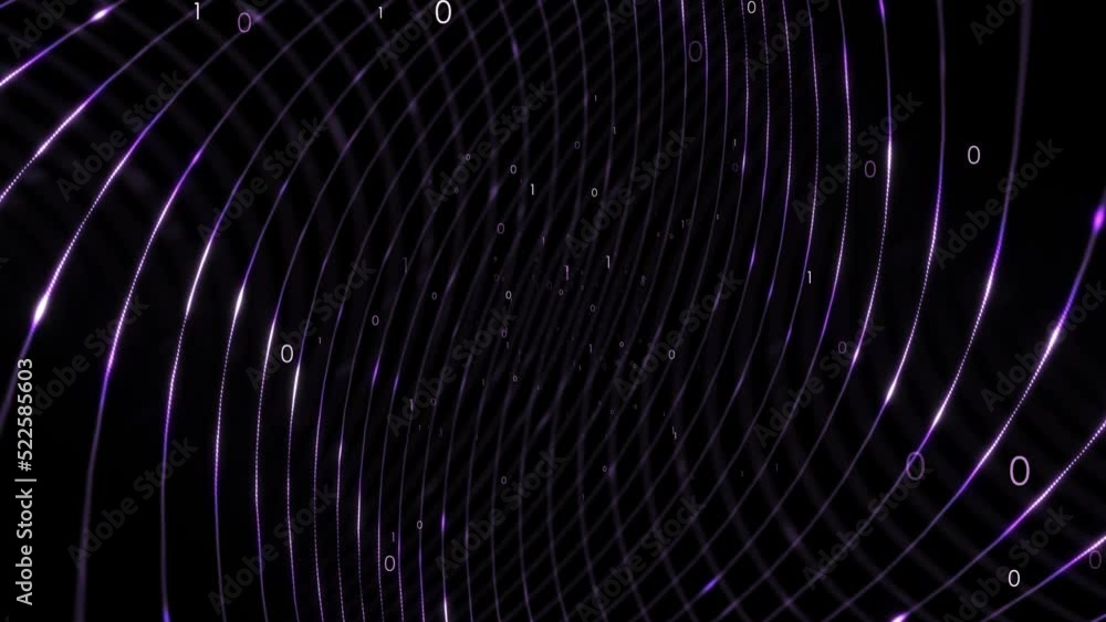 Abstract curvy digital tech metaverse data travel lines with binary code seamless looping ...
