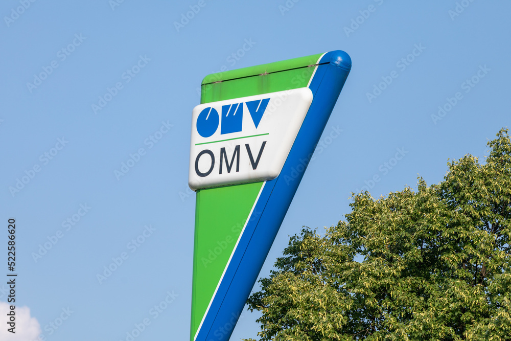 Logo and sign of OMV on gas station. OMV is a Hungarian-owned oil ...