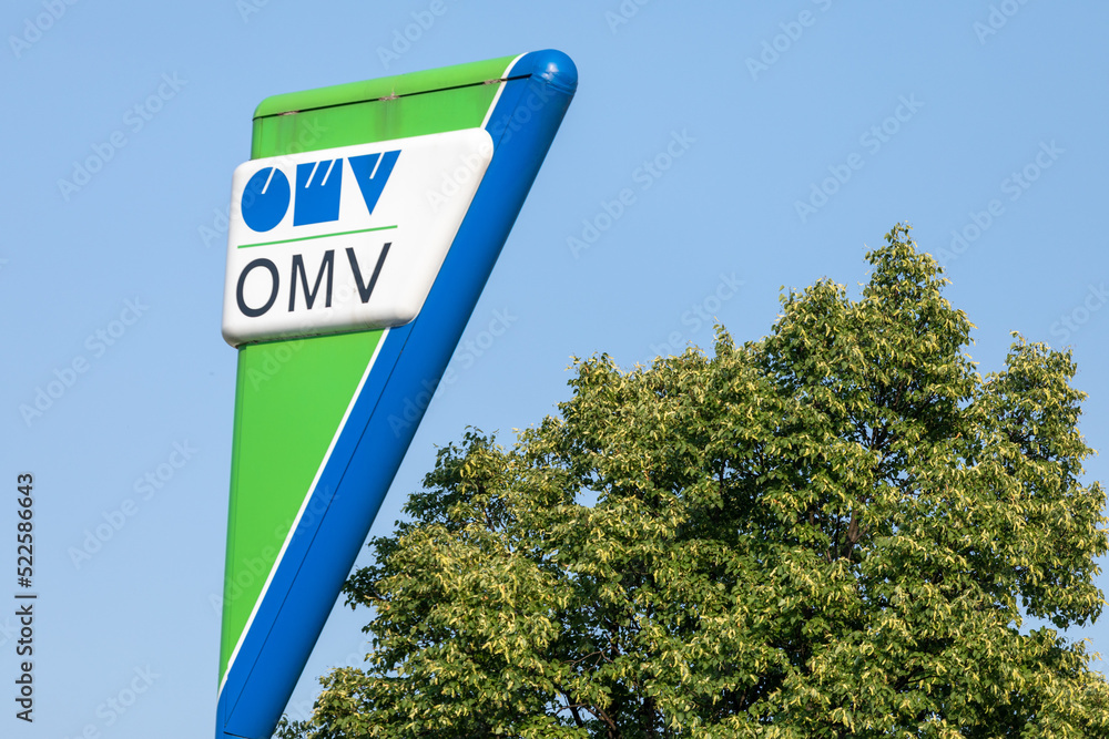 Logo and sign of OMV on gas station. OMV is a Hungarian-owned oil ...
