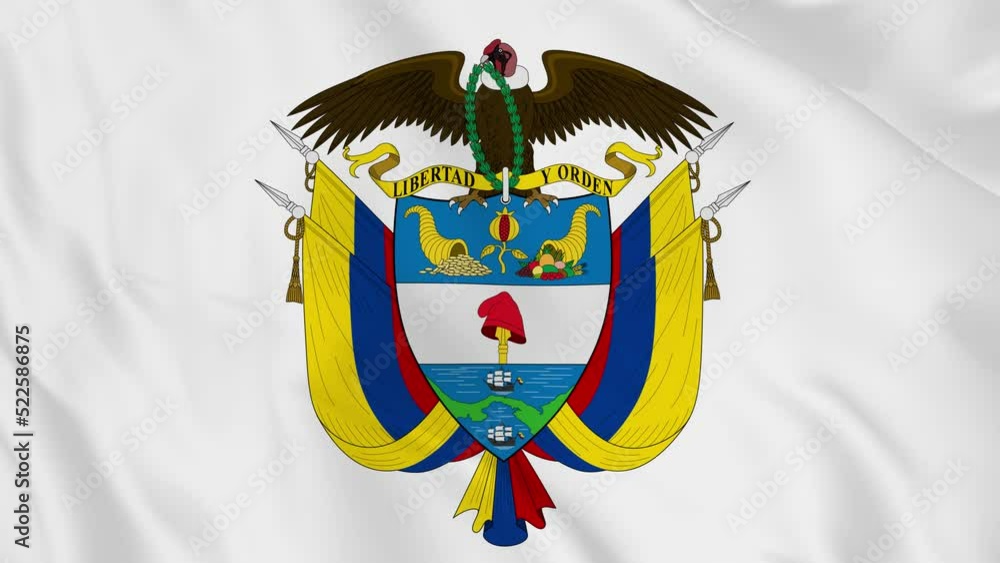 national emblem coat of arms or symbol of Colombia in waving flag ...
