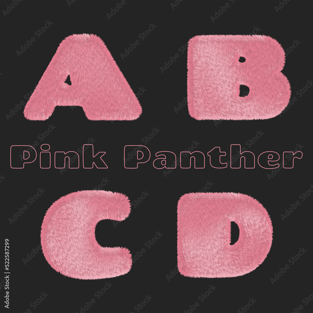 Pink fur alphabet set with capital letters isolated on black background ...