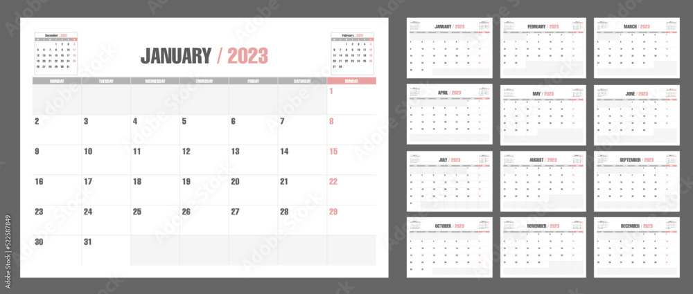 Calendar grid with calendar for 2023 A4 size Stock Vector | Adobe Stock