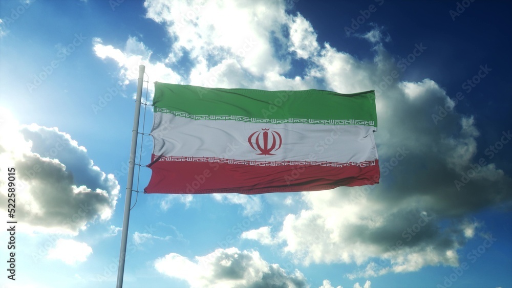 Flag of Iran waving at wind against beautiful blue sky. 3d illustration ...