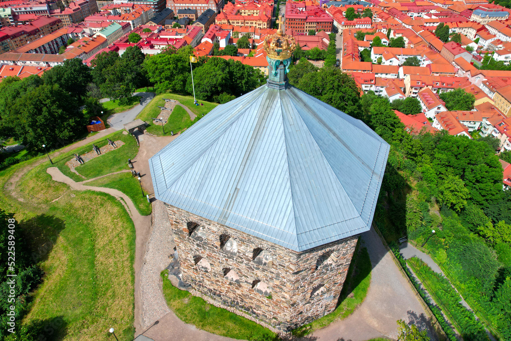 Gothenburg “Göteborg" tower Skansen Kronan in Haga city part aerial ...