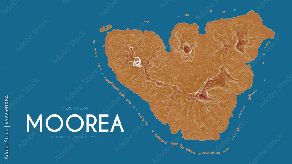 Topographic map of Moorea, Society Islands, French Polynesia, Pacific ...