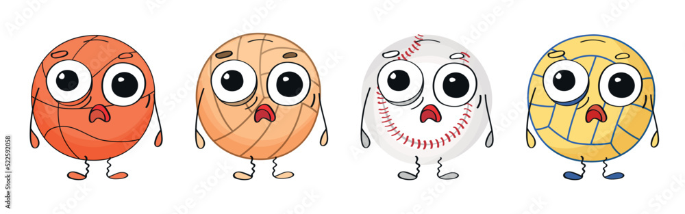 Collection of sword characters with a scared face. Set of sports items ...