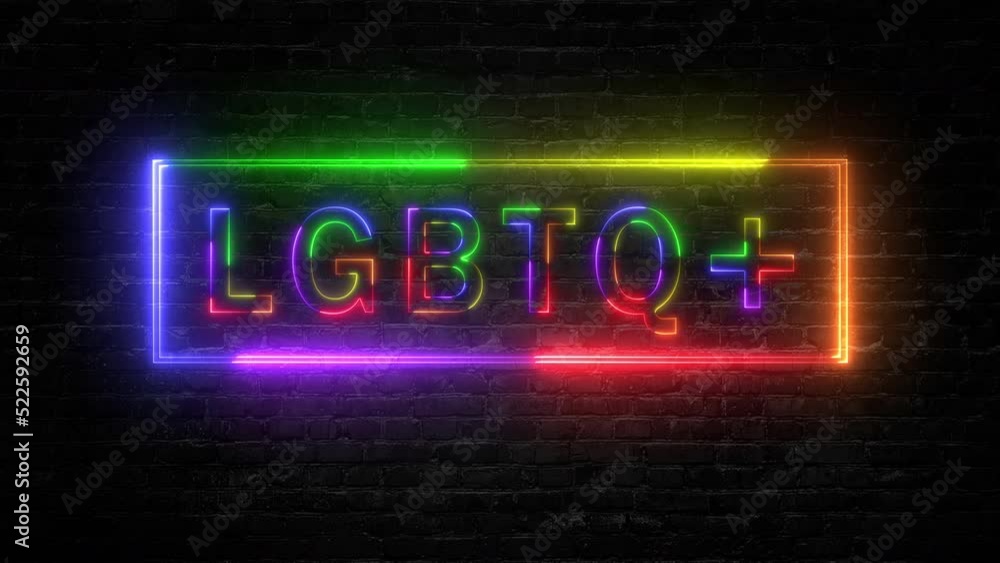 Lgbt concept.Animation of neon sign on the wall with Lgbtq+ text with ...