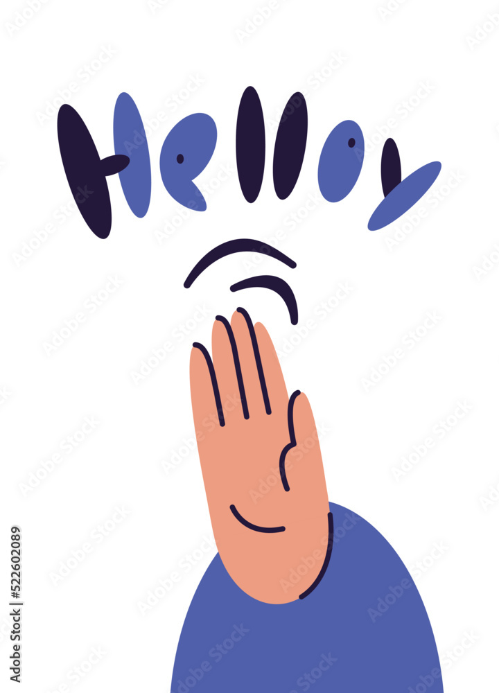 Welcome hand gesture. Lettering hello with waving joyfully by human ...