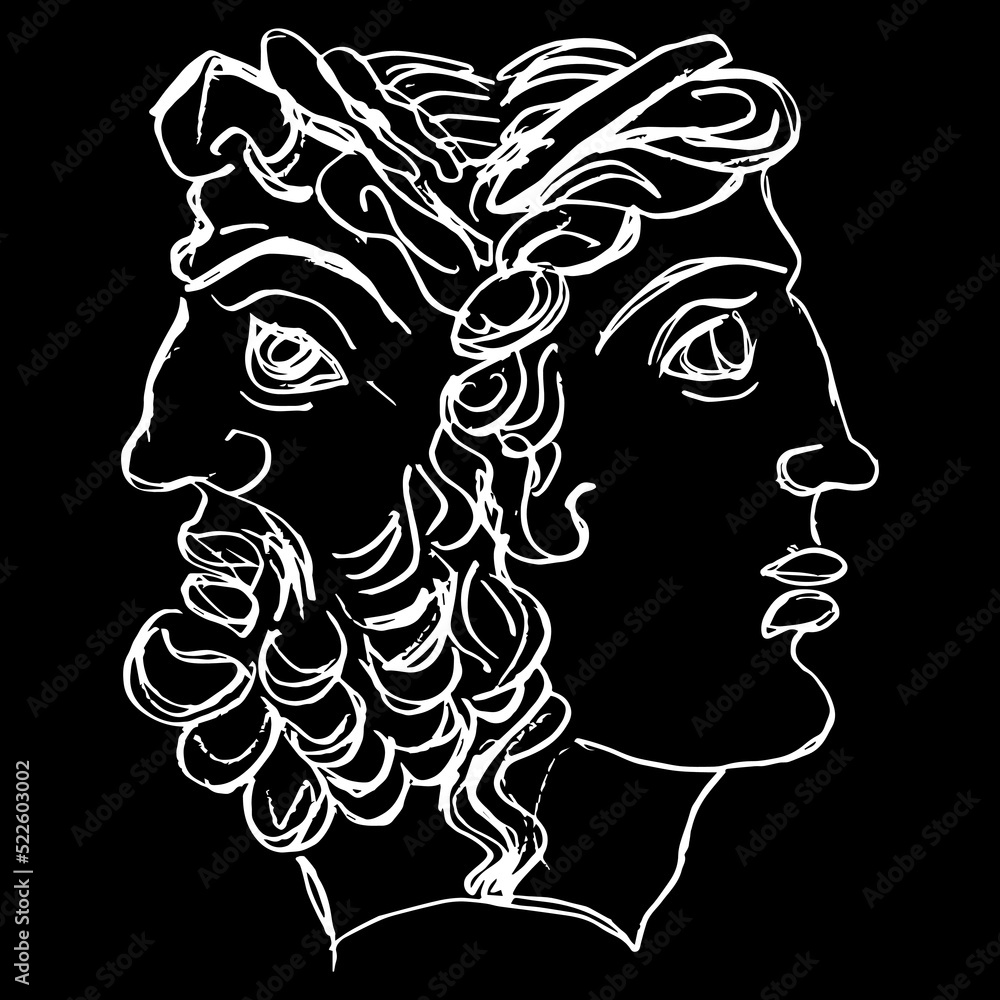 Ancient Greek Janus. Janiform head of Zeus and Hera. Juxtaposition of ...