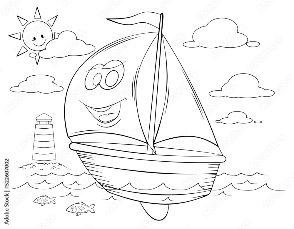 Cartoon sailboat for coloring page. Stock Vector | Adobe Stock