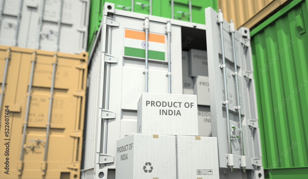 Boxes with goods from India and cargo containers. National economy ...