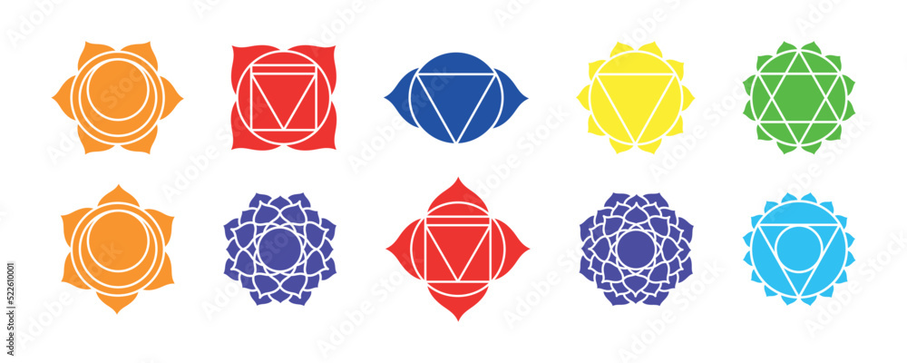 Seven chakras vector symbols signs, mystical esoteric, yoga and ...
