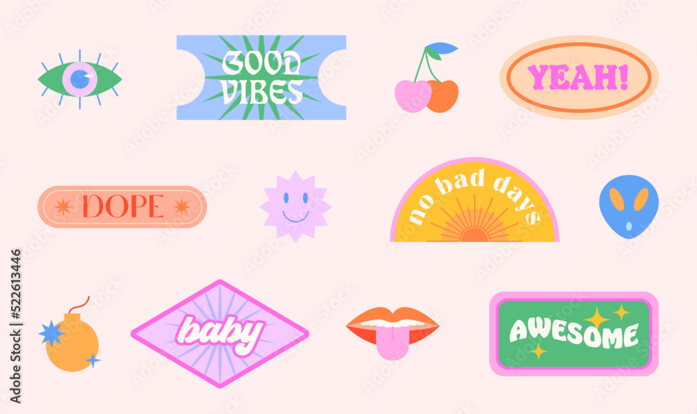 Vector set of colorful fun patches and stickers in 90s style.Modern ...