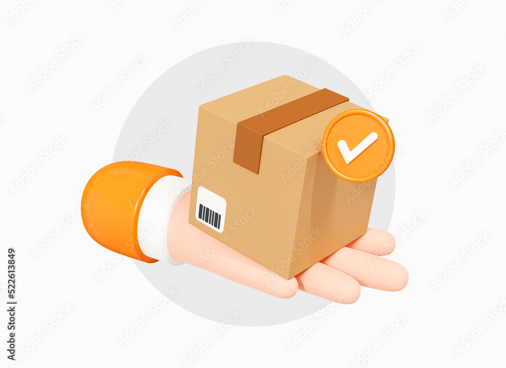 3D Hand holding parcel with check mark. Delivery of order in cardboard ...