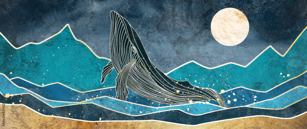 Landscape art background with ocean waves and whale in golden line ...
