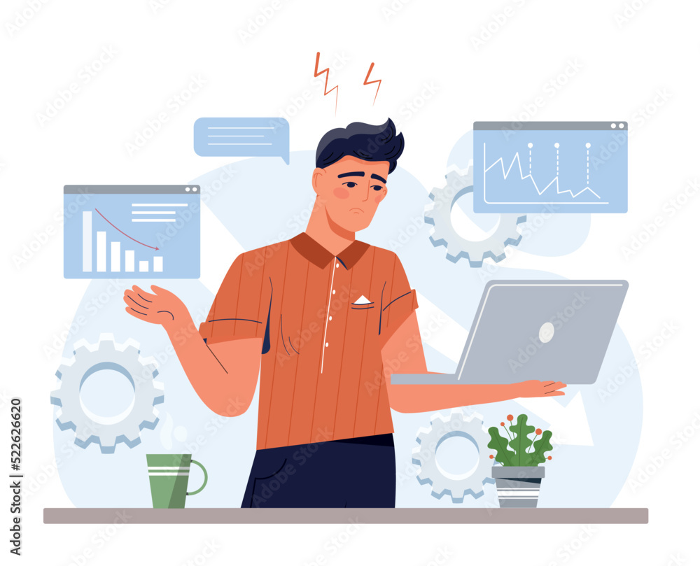 Man watching graph. Frustrated businessman evaluates expenses and ...