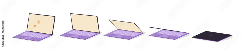 Laptop closing animation elements. Set of digital device shutdown or ...