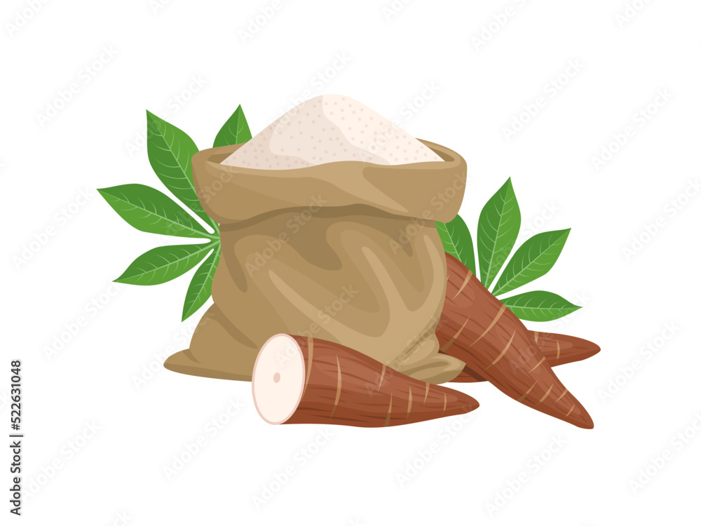 Vector illustration, cassava flour in a burlap sack, with cassava and ...