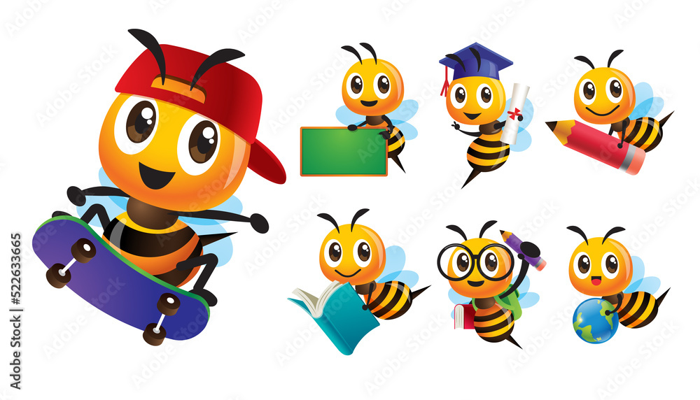 Collection bee cartoon series in different poses and activities ...