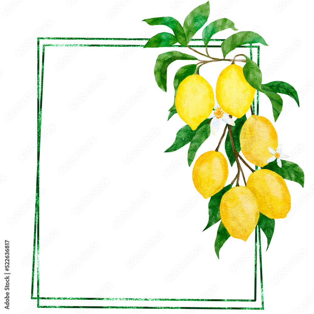Watercolor hand drawn frame poster with yellow lemons and green leaves ...