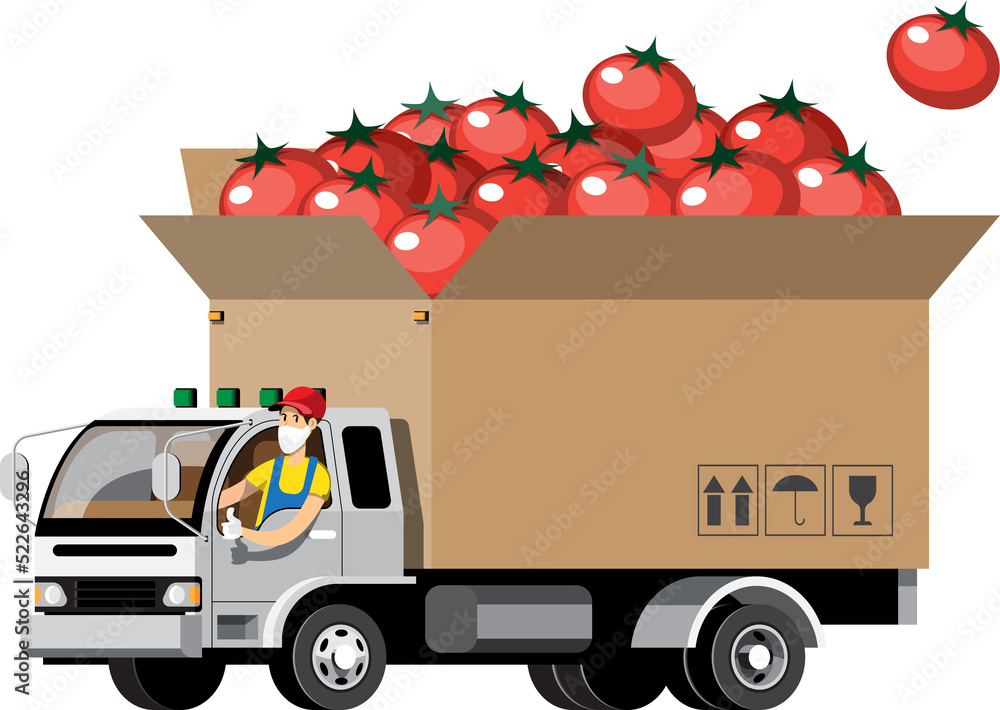 Cartoon box truck with tomato illustration Stock Illustration | Adobe Stock