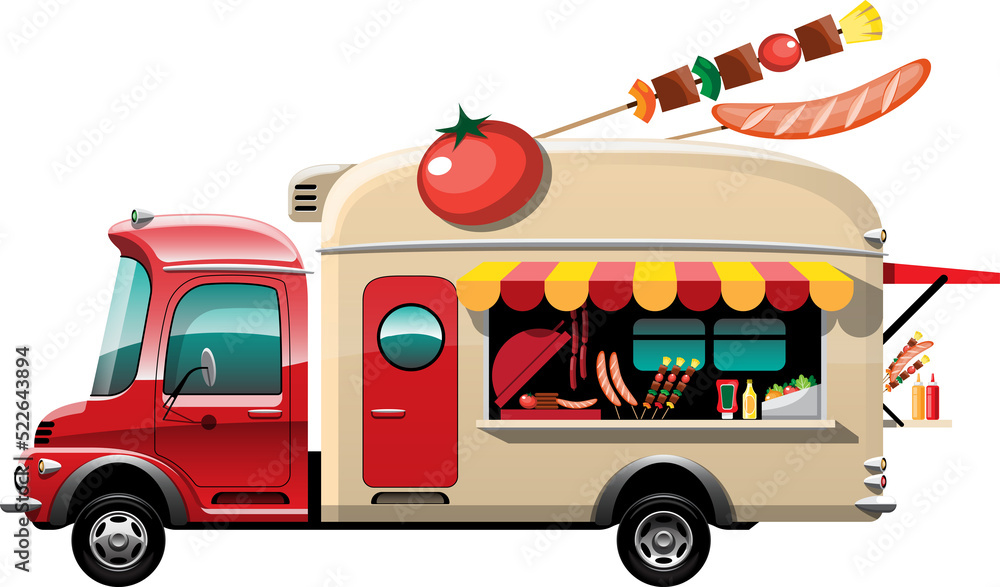 Cartoon food truck vehicle - BBQ store Stock Illustration | Adobe Stock