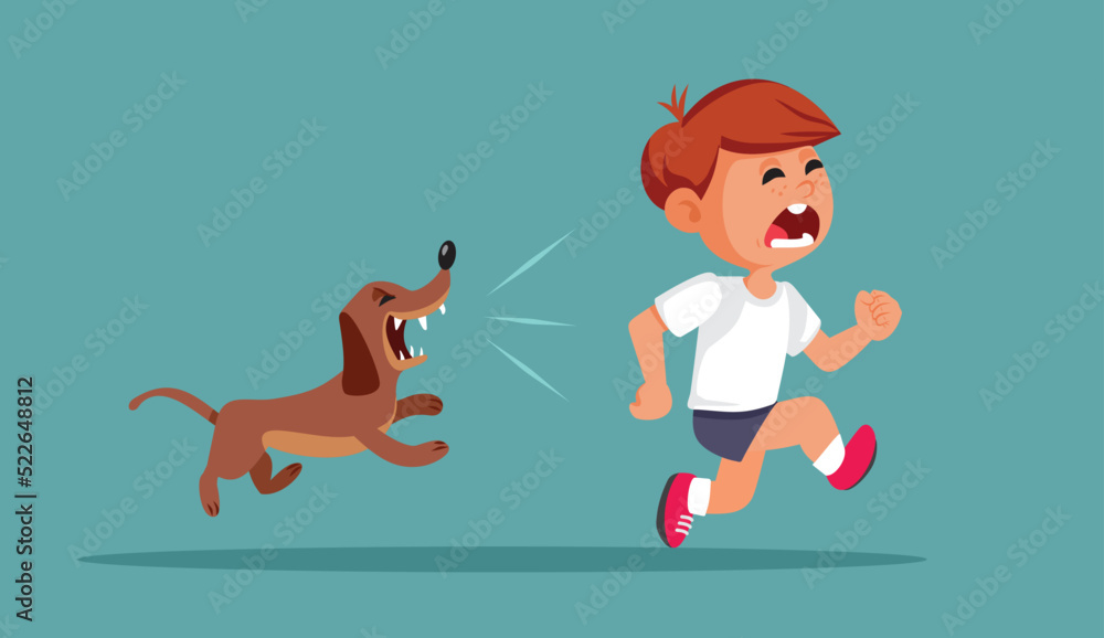 Barking Dog Running After Scared Boy Vector Cartoon Illustration. Stray ...